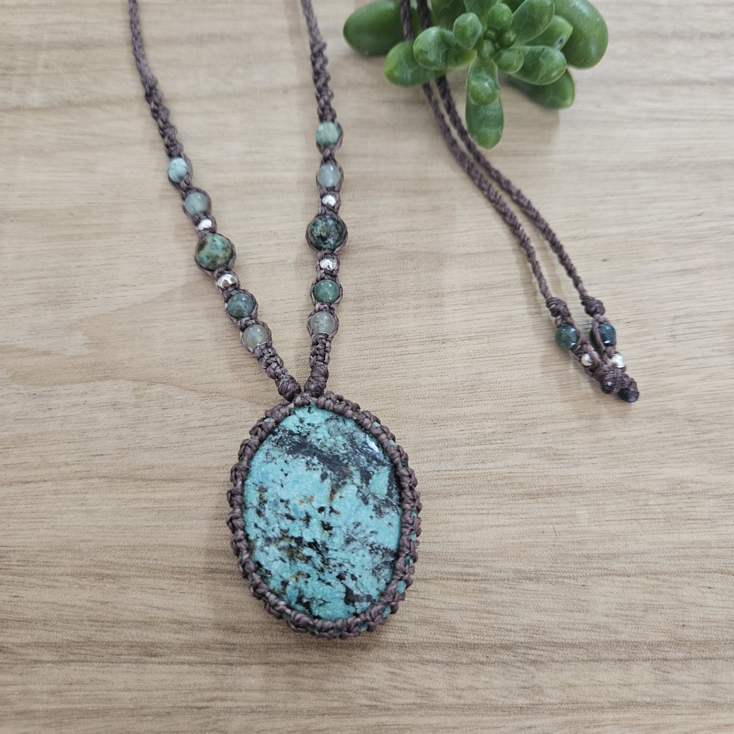 African Turquoise Macrame Necklace - Matte Brown | Soulful Stones