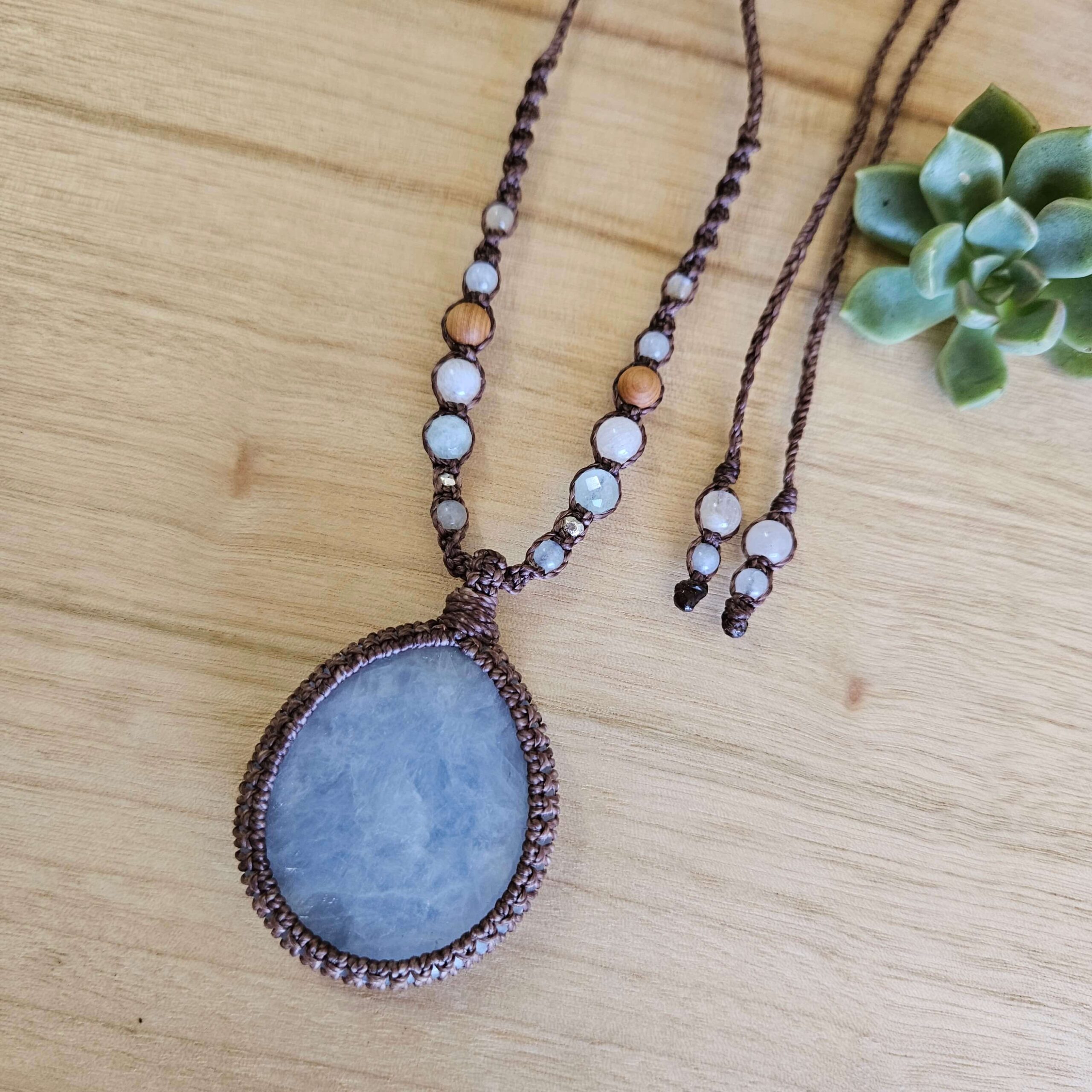 Blue Calcite Macrame Necklace - Matte Brown | Soulful Stones