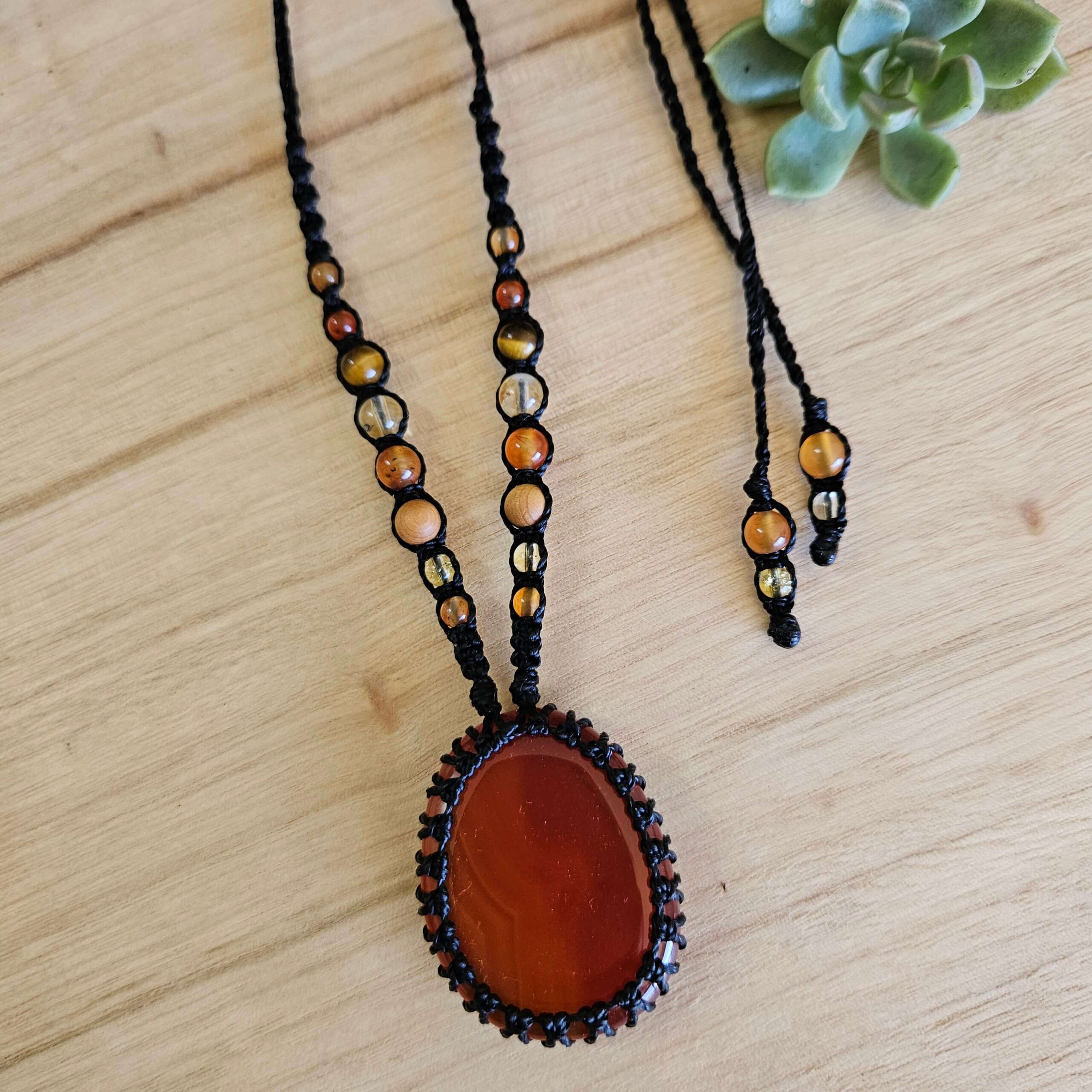Carnelian Macrame Necklace - Black cord | Soulful Stones