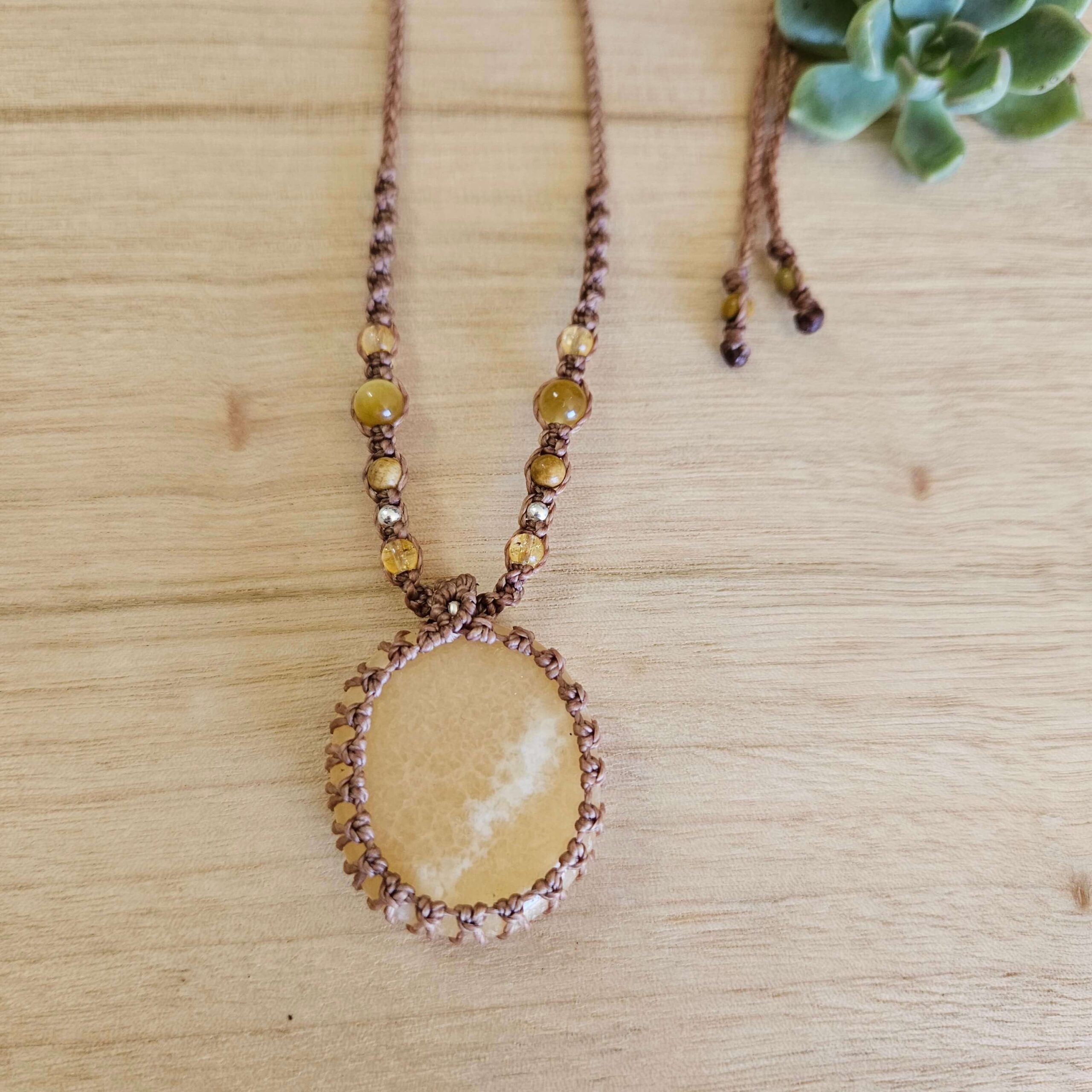 Yellow Calcite Macrame Necklace - Tan | Soulful Stones